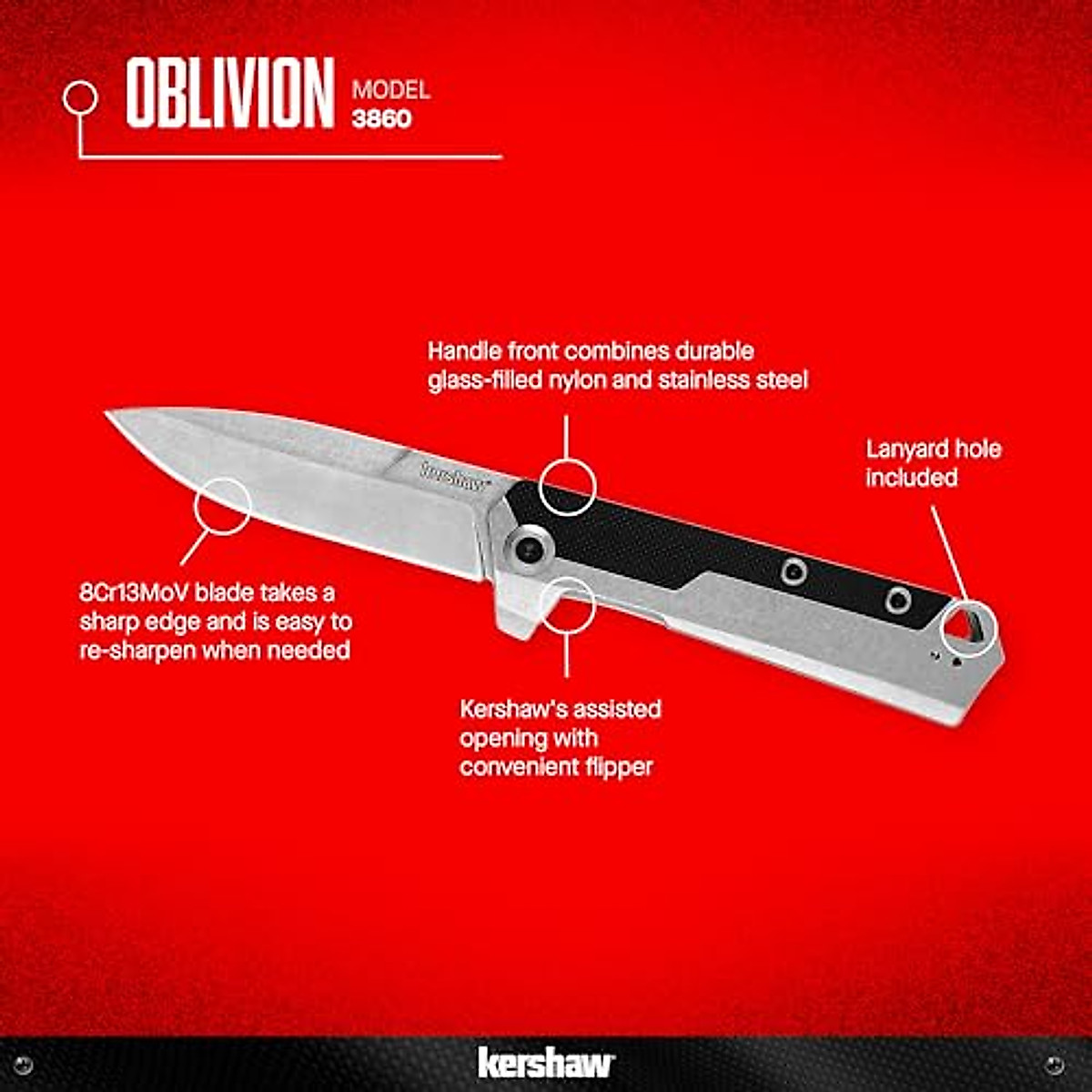 Kershaw Oblivion Pocket Knife, 3.5 Inch 8Cr13MoV Bead-Blasted and Stonewashed Blade, SpeedSafe Assisted Opening, Stainless Steel Glass-Filled Nylon Handle, Flipper, Frame Lock, Deep-Carry Pocketclip (