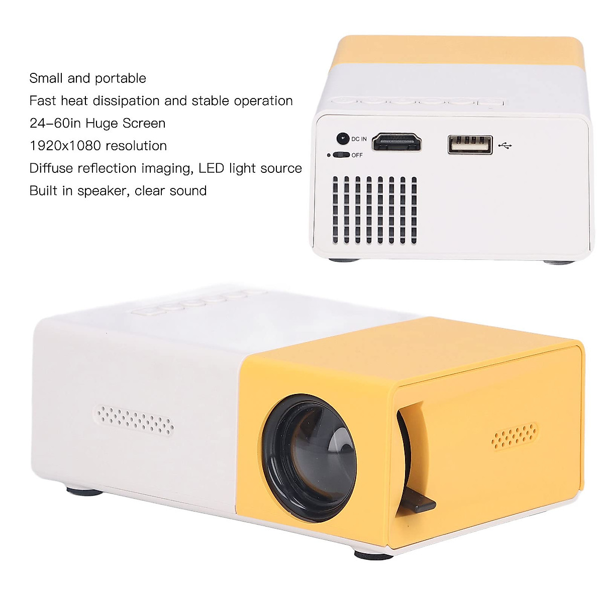 Mini Projector,1080P Portable Outdoor Movie Projector with 24-60inch Projection Size, HDMI USB LED Porjector for Home Theater, Outdoor Camping (US Plug)