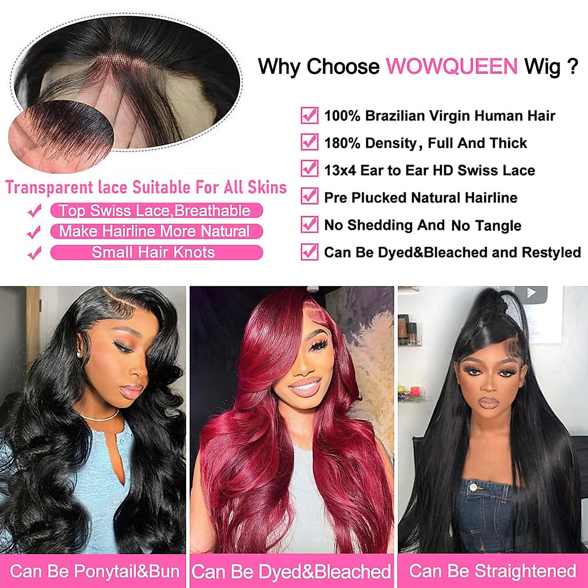 WOWQUEEN 13x4 Body Wave Lace Front Wigs Human Hair 24 Inch HD Lace Front Wigs Human Hair Pre Plucked 180 Density Glueless Lace Front Human Hair Wigs for Women 100% Brazilian Body Wave Frontal Wigs