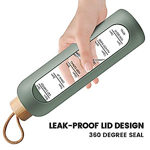 PROBTTL 32 Oz Borosilicate Glass Water Bottle with Time Marker Reminder Quotes, Leak Proof Reusable BPA Free Motivational Water Bottles with Silicone Sleeve and Bamboo Lid