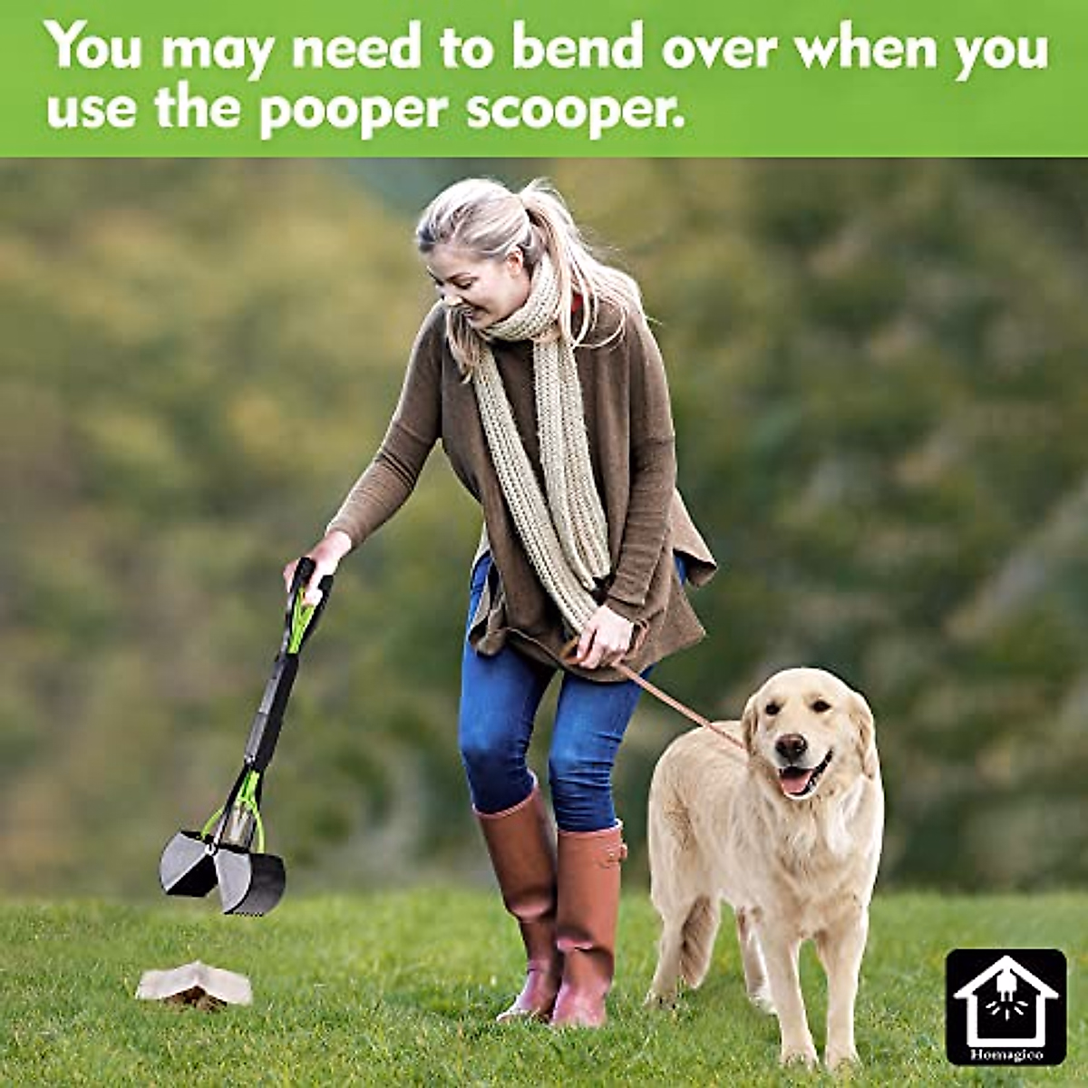 HOMAGICO Pooper Scooper, Portable Dog Pooper Scooper with Long Handle, Foldable Pooper Scooper for Large Medium Dogs with Bag Attachment, Easy to Use Perfect for Grass, Dirt, Gravel (Green)