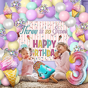 Ice Cream Birthday Party Decorations, Three is So Sweet Ice Cream Balloon Garland with Birthday Backdrop Cupcake Toppers Tablecloth for 3rd Birthday Decorations for Girls Ice Cream Party Decorations