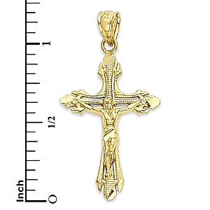Solid 10k Gold Crucifix Necklace Pendant - Cross Charm, Intricate Christian Religious Jewelry for Men and Women