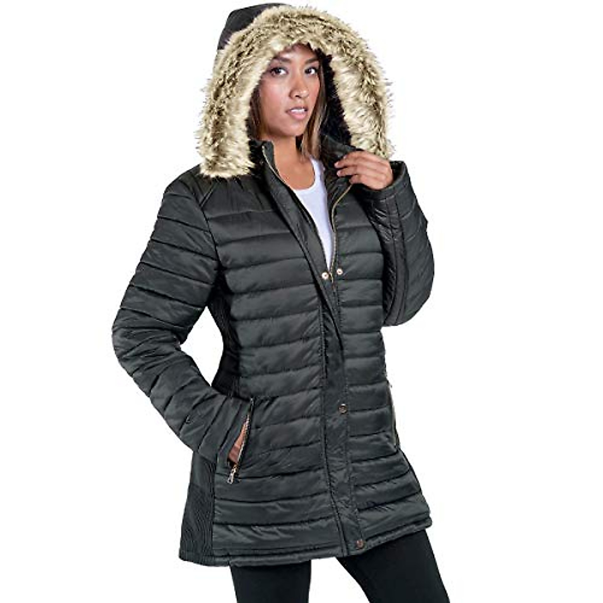 Facitisu Women's Quilted Jacket Winter Puffer Mid Length Coat Fur Trim Removable Zip-Off fHood (Black, 1XL)