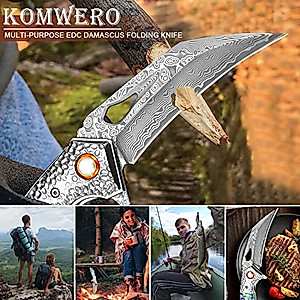 KOMWERO Damascus Pocket Knife for Men, VG10 Core Damascus Steel Folding Knife with Ball Bearing, Liner Lock, Abalone Shells Handle, Leather Sheath, Sharp EDC Knife for Gift Collection