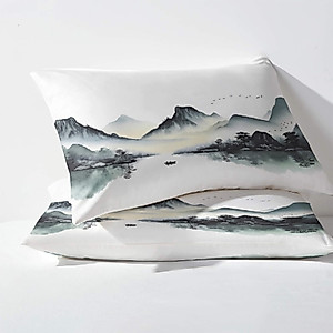 Nature Sheets Full Size, Ink Painting Bed Sheets, Patterned Bedding Sheets & Pillowcases 4 Piece Set - Soft Microfiber Deep Pocket Fitted Sheet & Flat Sheet & 2 Pillow Cases Z1-&-191