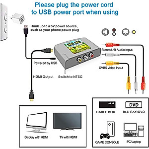 Dingsun RCA to HDMI Converter, V22B Mini RCA/ Composite/ CVBS/ AV to HDMI Video Audio Converter Adapter 1080P Supports 4:3/16:9 switche Compatible Xbox/ PS2/ WII/ SNES/ N64/ VHS/ VCR/ DVD ect.