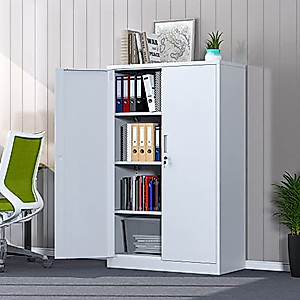 JINKUR Metal Storage Cabinet with Locking Doors and 3 Adjustable Shelves, 53.5-Inch Lockable Storage Cabinets for Home Office Garage Kitchen Pantry (White)