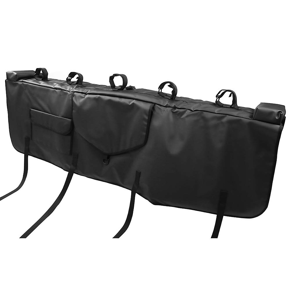 IKON MOTORSPORTS Tailgate Pad, Compatible With Most Trucks 53Inches Width Pickup, Black PVC Tailgate Pad w/ 5-Bike Straps & 1 Tool Bag