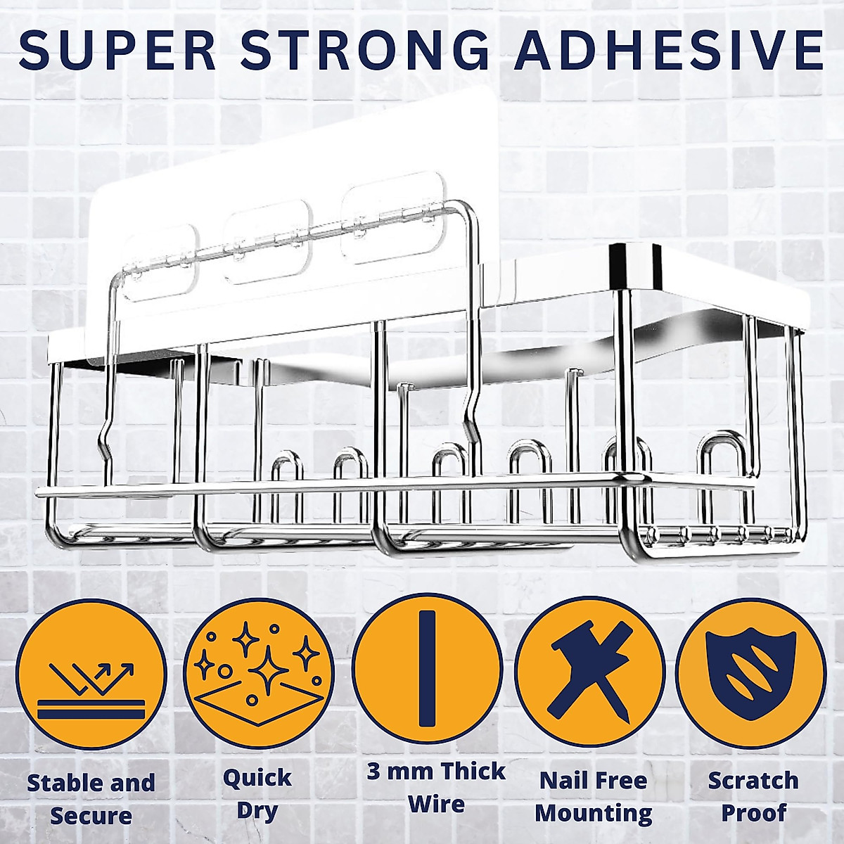 Rustproof Adhesive Shower Caddy Hanging - ASA STORES Silver 5-Pack No Drill Bathroom Organizer With 20 Hooks, Soap Holder,4 Snap Hooks-Stainless Steel Wall Mounted Storage For Kitchen & Home Decor