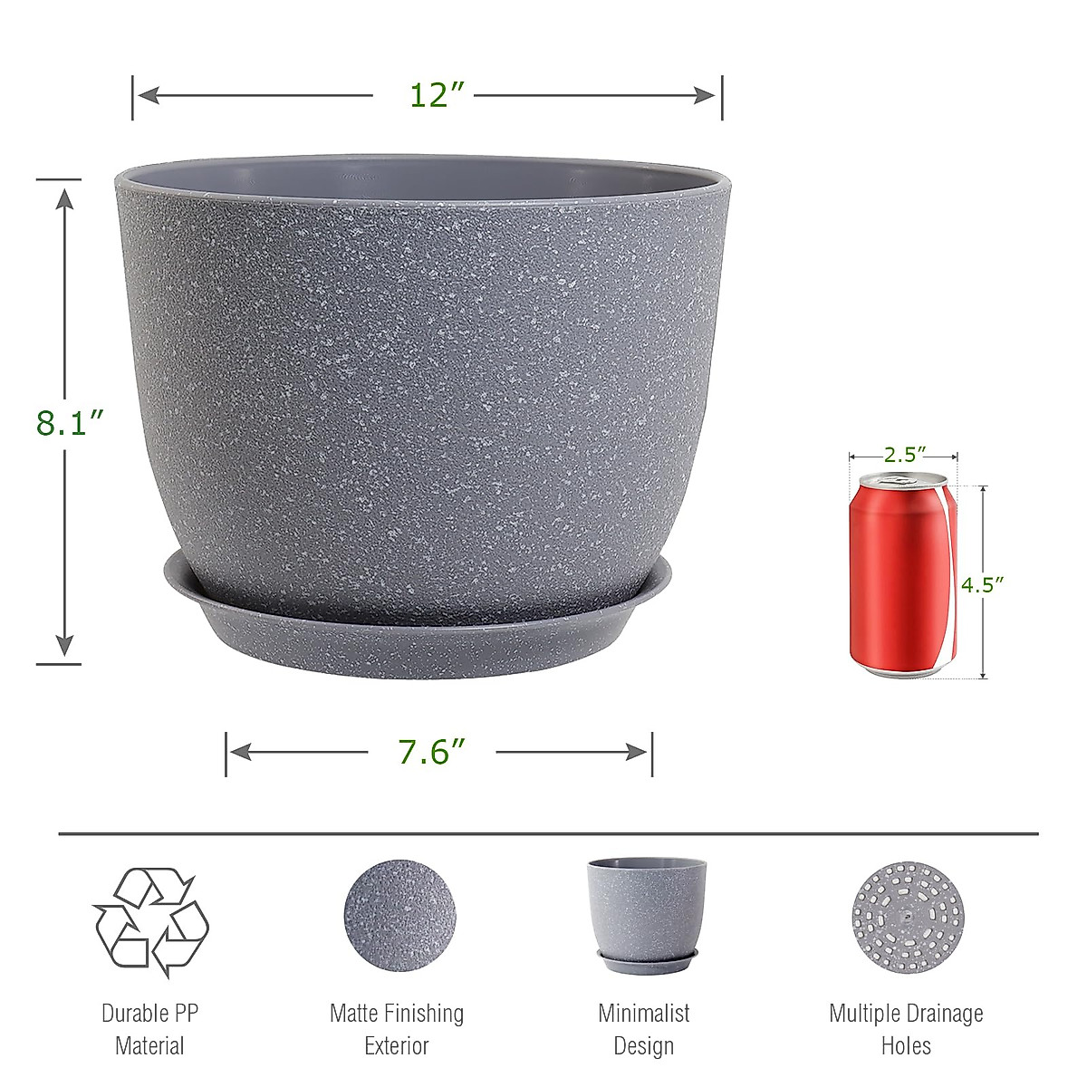 UOUZ 12inch Large Plant Pot, Modern Plastic Planter with High Driange Holes and Saucer for Indoor Outdoor Garden Plants and Flowers, Grey Speckles