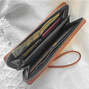 Rebecca & Rifka Women's Large Saffiano Vegan Leather Medallion Zip Around Multi Holder Organizer Wristlet Large Capacity Travel Clutch Wallet (Cognac)