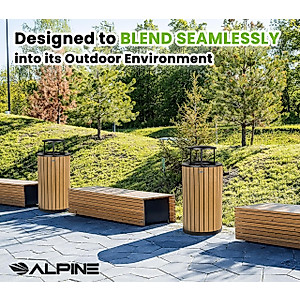 Alpine 32 Gallon Commercial Outdoor Trash Can - Heavy Duty Garbage Can Outdoor, Industrial Trash Can with Plastic Panels for Patio, Parks, Trails & Resorts (Rain Bonnet Lid - Cedar)