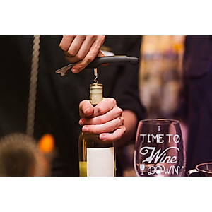 Time to Wine Down Funny 15oz Stemless Crystal Wine Glass - Fun Wine Glasses with Sayings Gifts for Women