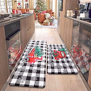 INFISIBLE Black and White Buffalo Plaid Christmas Kitchen Rugs, Non Slip Anti Fatigue Kitchen Mats Set of 2, Red Truck Christmas Decorations Cushioned Kitchen Rug for Floor and Sink
