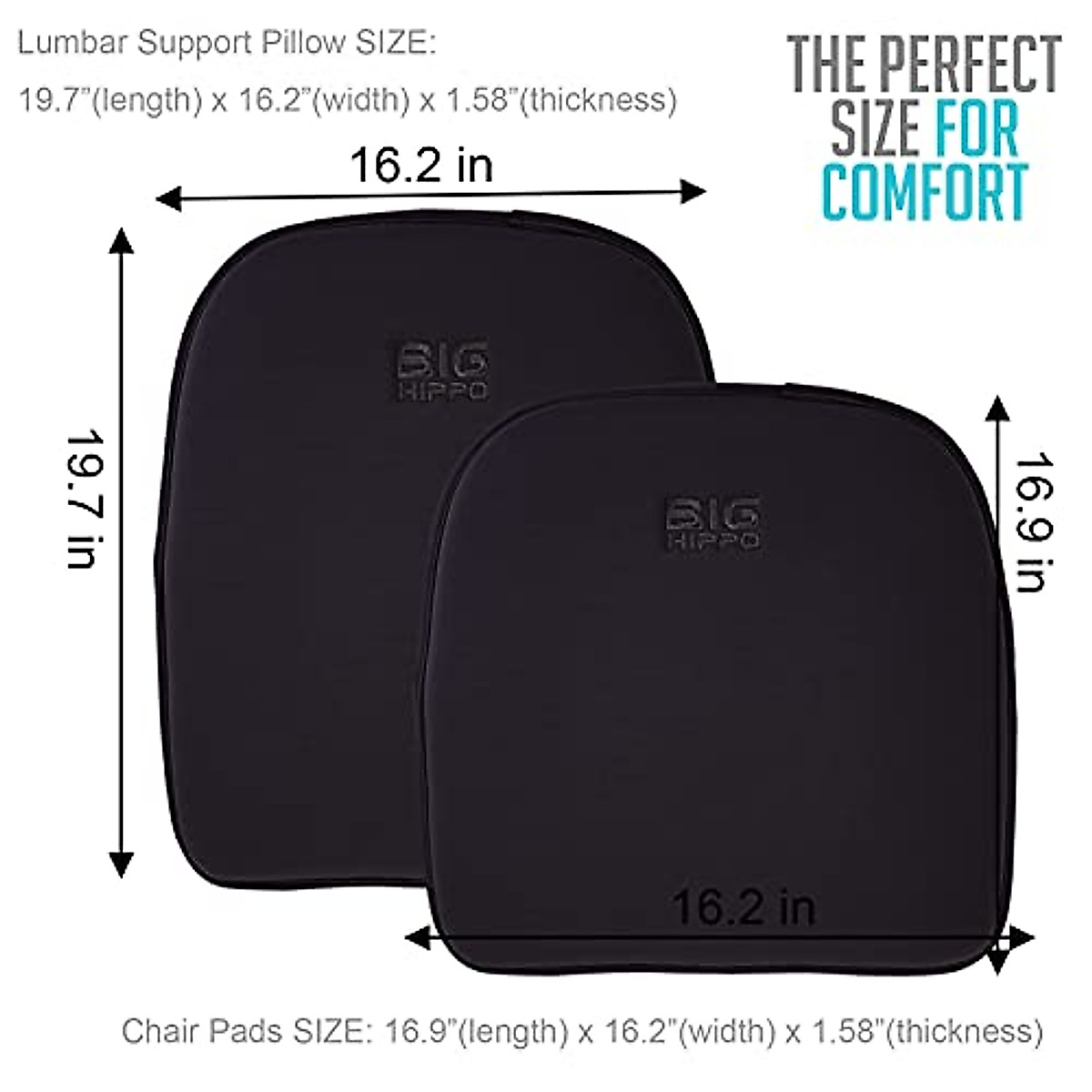 Big Hippo Chair Pads Memory Foam and Lumbar Support Pillow, Chair Seat Cushion Non Slip Rubber Back Thicken Chair Padding with Elastic Bands for Home Office Outdoor Seats (Black-Set of 2)