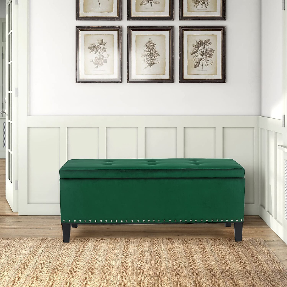 Adeco Rectangular Storage Ottoman, Velvet Tufted End of Bed Bench with Rivet, Footrest Stool Coffee Table for Living Room Bedroom Entryway, Need Assembly, Green