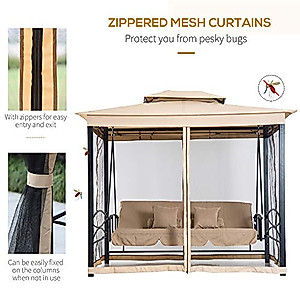 Outsunny 3-Seat Patio Swing Chair, Outdoor Gazebo Swing with Double Tier Canopy, Mesh Sidewalls, Cushioned Seat and Pillows, Beige
