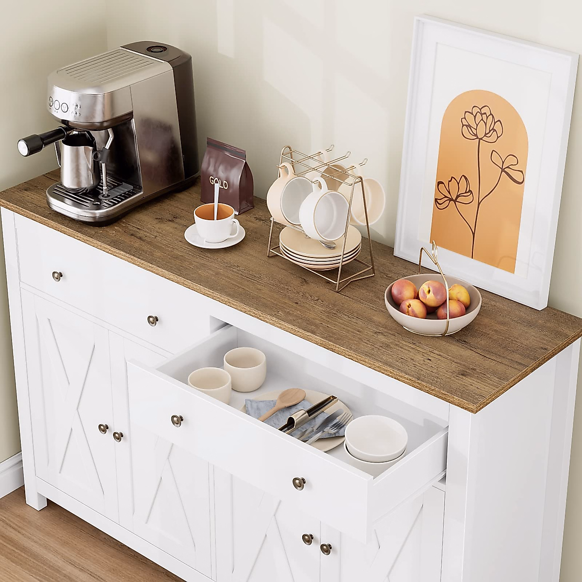 FOTOSOK Sideboard Buffet Cabinet with Storage, 55" Large Kitchen Storage Cabinet with 2 Drawers and 4 Doors, Wood Coffee Bar Cabinet Buffet Table Console Cabinet for Kitchen Dining Room, White