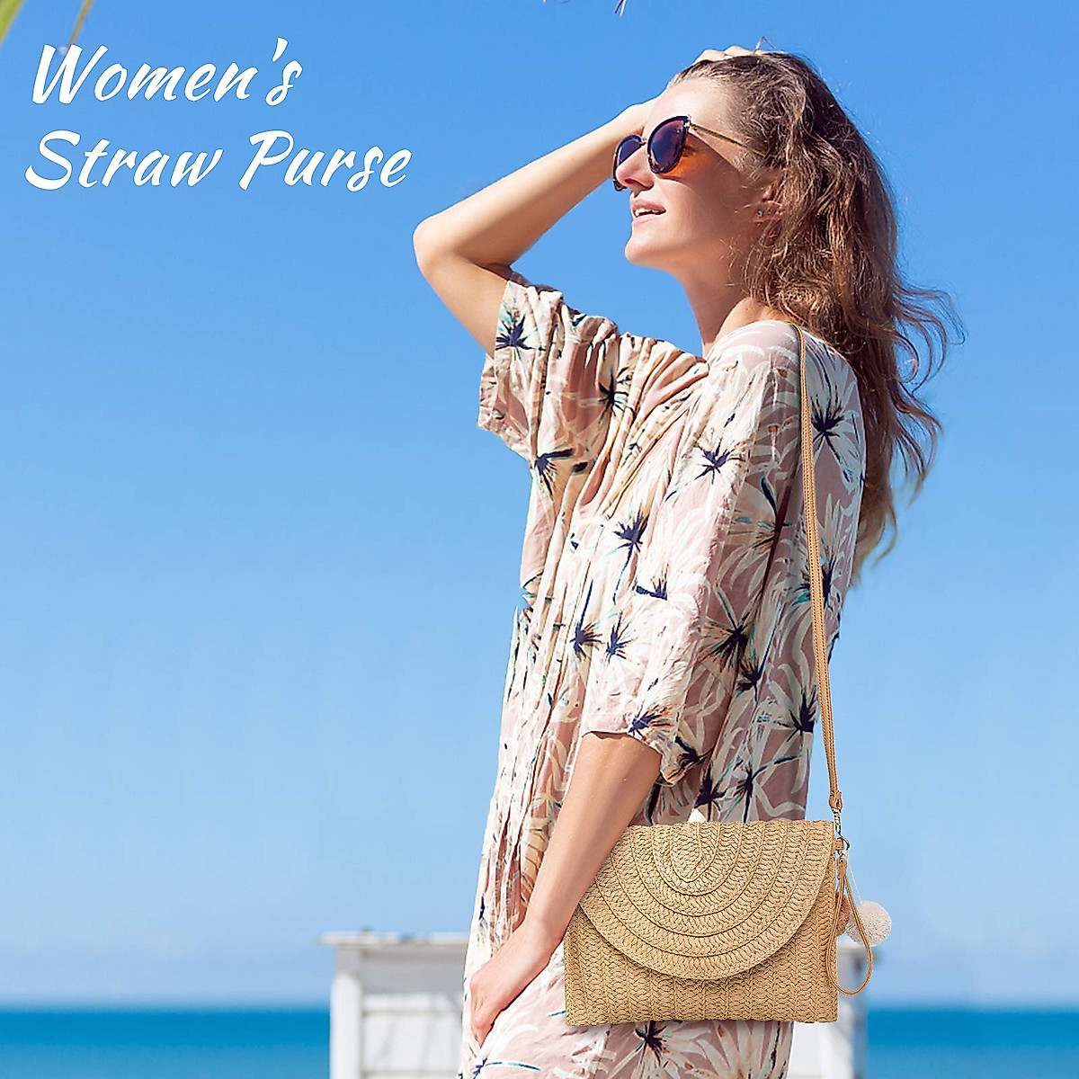 Kadell Straw Shoulder Bag, Women Straw Envelope Clutch Purse, Chic Handmade Straw Crossbody Bag, for Summer Beach (Brown-with pompoms)