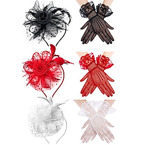 1920s Black Fascinators Hat Set for Women Tea Party Headband Lace Gloves Pearl Jewelry Set Cocktail Tea Party Banquet Wedding Halloween Retro Tiara