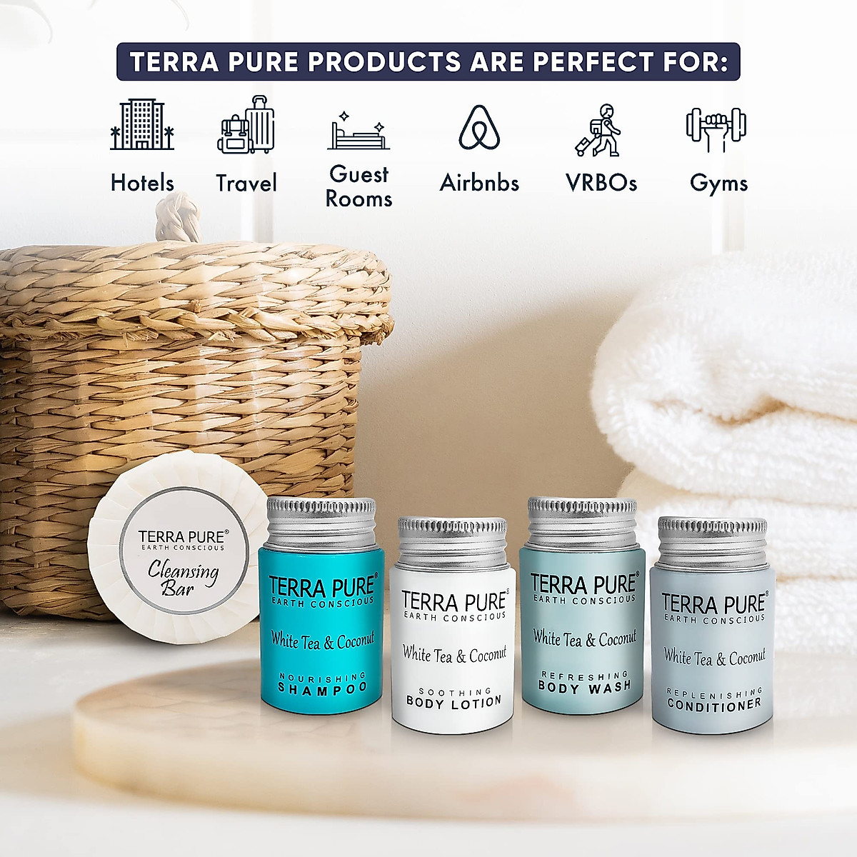 Terra Pure White Tea & Coconut Toiletries Set | 1-Shoppe Amenities Kit | 1oz Shampoo & Conditioner, Body Wash, Lotion, 1.25oz Bar Soap | Travel Size | 150 Pieces
