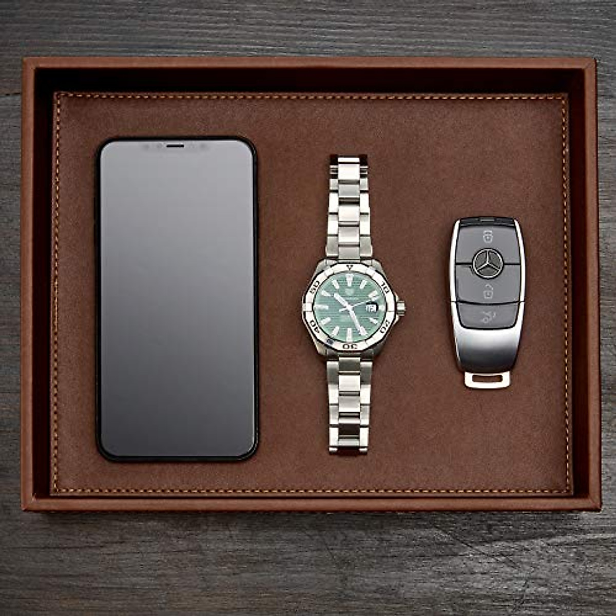 GALLAWAY LEATHER Valet Tray for Men - Nightstand Organizer EDC Tray for Wallet and Keys - Dresser Leather Catchall Dump Key Tray - Bedside Table Tray Organizer Key Bowl for Entryway Table, Dark Brown