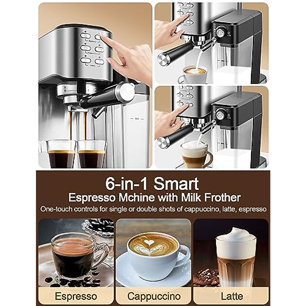 ILAVIE 6-in-1 Espresso Coffee Machine Built-In Automatic Milk Frother, 20 Bar Espresso & Cappuccino & Latte Maker with 34 oz Removeable Water Tank, Ideal for Home Use, Stainless Steel