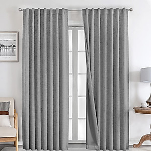Joydeco 100% Blackout Curtains 108 inches Long Natural Linen Drapes 2 Panels Set Burg for Bedroom Living Room Black Out Darkening Curtain Thermal Insulated Back tab Rod Pocket(52x108 inch,Light Grey)