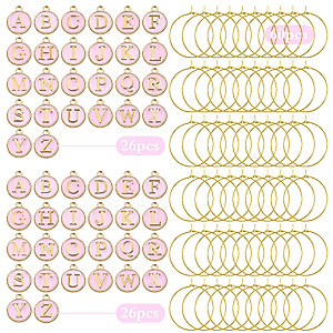 Aylifu 52pcs Round Pink Enamel Initial Letter Charms and 60pcs 25 mm Golden Wine Glass Rings Drink Identifiers Markers for Wedding Champagne Party Decoration Supplies Gifts