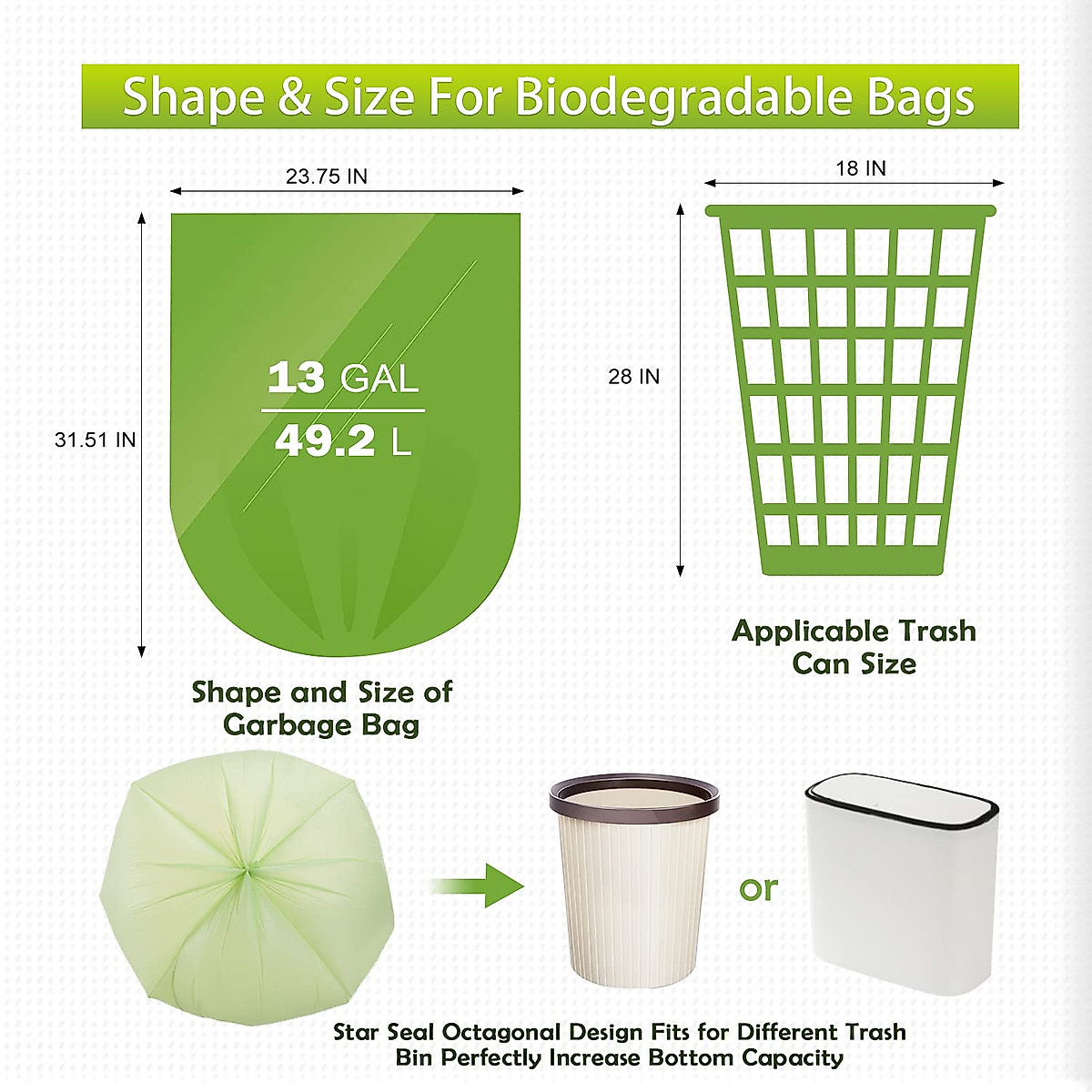 Bio-Bosi Compostable Trash Bags, 13 Gallon Compost Bags, 50 Count 49.2 Liter Extra Thick 0.9 Mil Biodegradable Kitchen Food Scraps Bags, ASTM D6400, US BPI & Europe OK Compost Home Certified