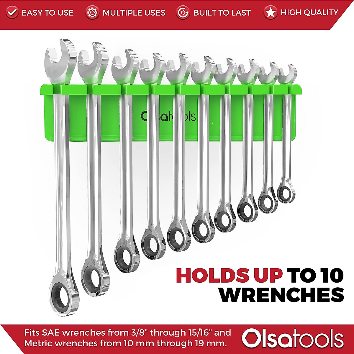 Olsa Tools Magnetic Wrench Holder Organizer (Green) Polypropylene | Fits SAE 3/8" Thru 15/16" & Metric 10mm Thru 19mm | Professional Grade