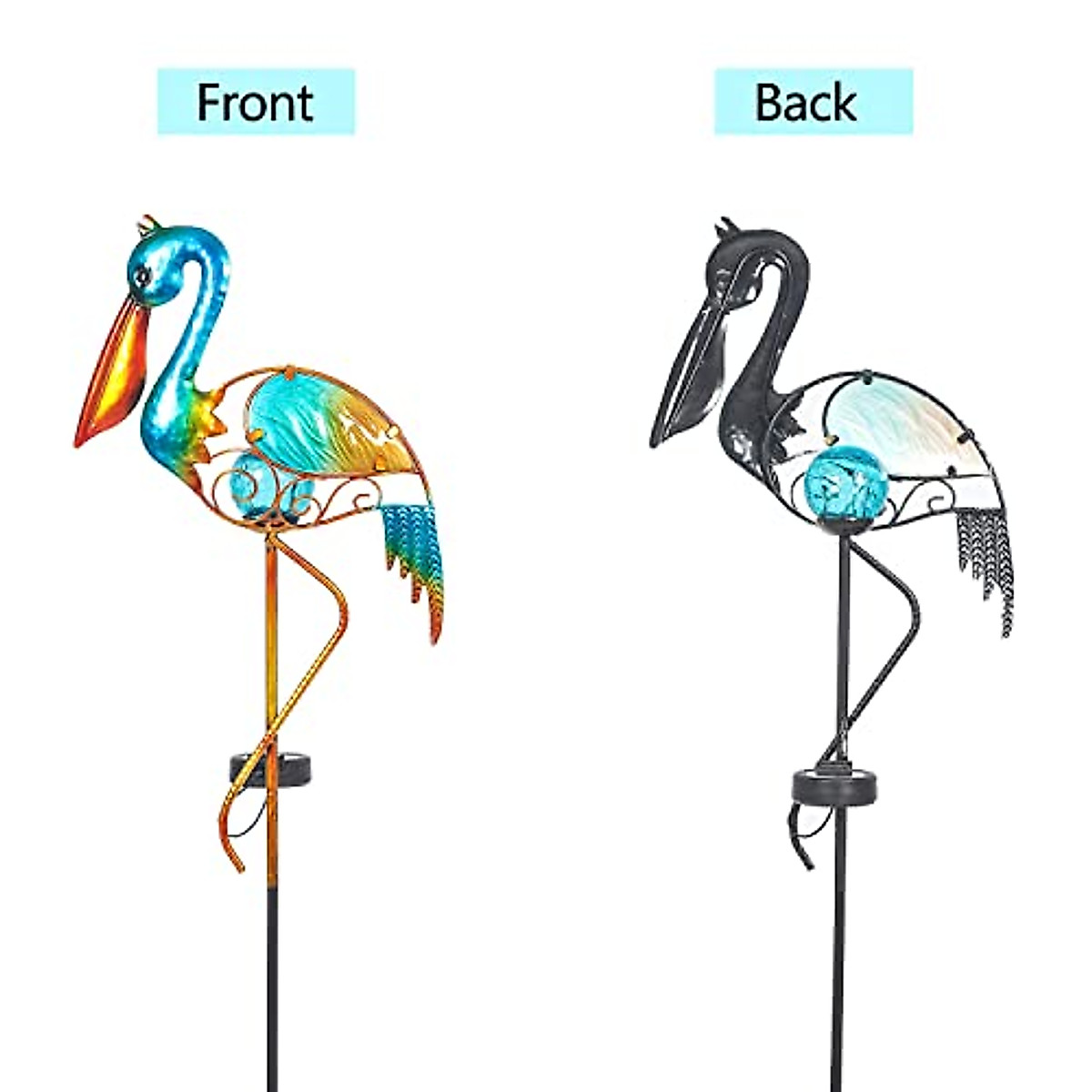 Asense Garden Solar Lights Pathway Stake Outdoor Metal Sculpture Art Decor, Solar Powered LED Lights for Lawn Patio Courtyard, Blue Flamingo with Crackle Glass Ball