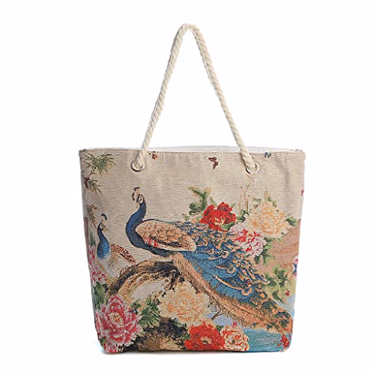 MAXZOOM Canvas Tote Bags Casual Shoulder Bag Handbag Purse Large Grocery Shopping Bag with Gold Embroidery Animal Design for Women, D1-peacock, 18 inches