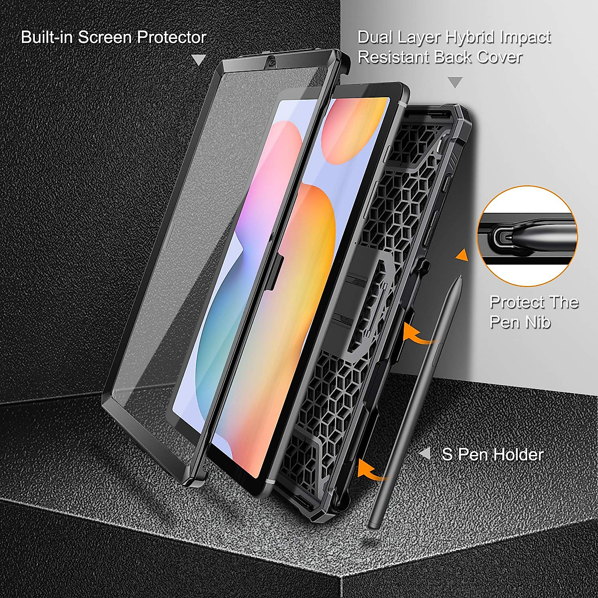 Fintie Shockproof Case for Samsung Galaxy Tab S6 Lite 10.4 Inch 2024/2022/2020, Tuatara Rugged Unibody Hybrid Bumper Kickstand Cover with Built-in Screen Protector, Black