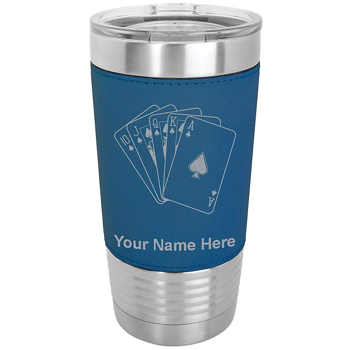 LaserGram 20oz Vacuum Insulated Tumbler Mug, Royal Flush Poker Cards, Personalized Engraving Included (Faux Leather, Blue)