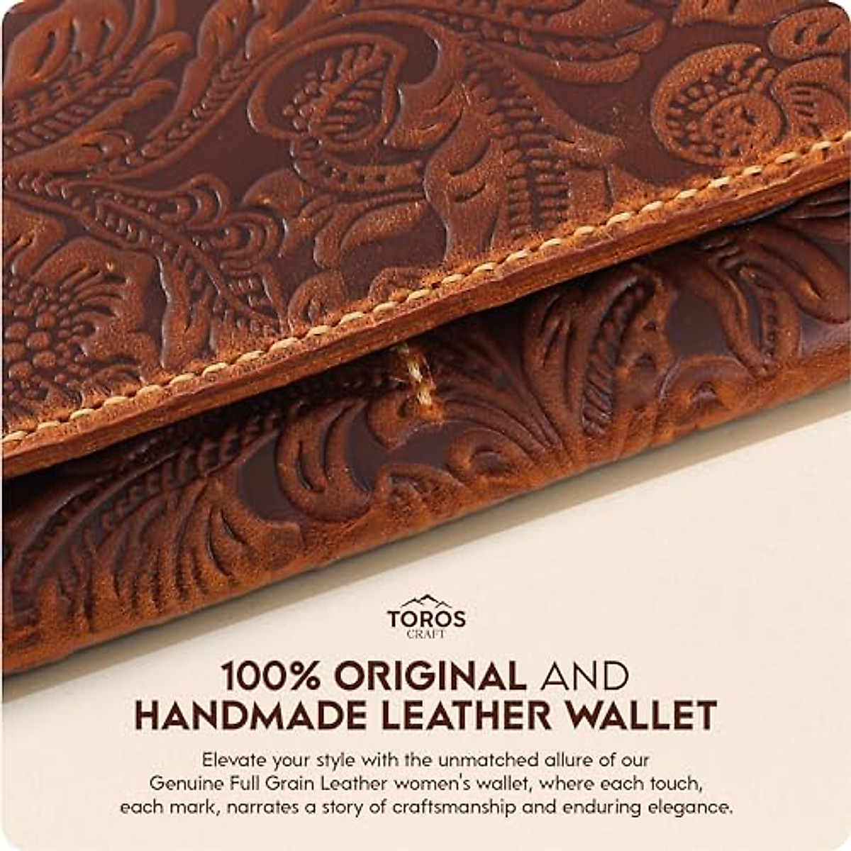 Toros Craft Handmade Western Wallets for Women, Genuine Tooled Leather & Long Credit Card Holder, Cowhide Slim Cell Phone Case, Large Capacity, Cute Clutch & Purse & Handbag (Camel)