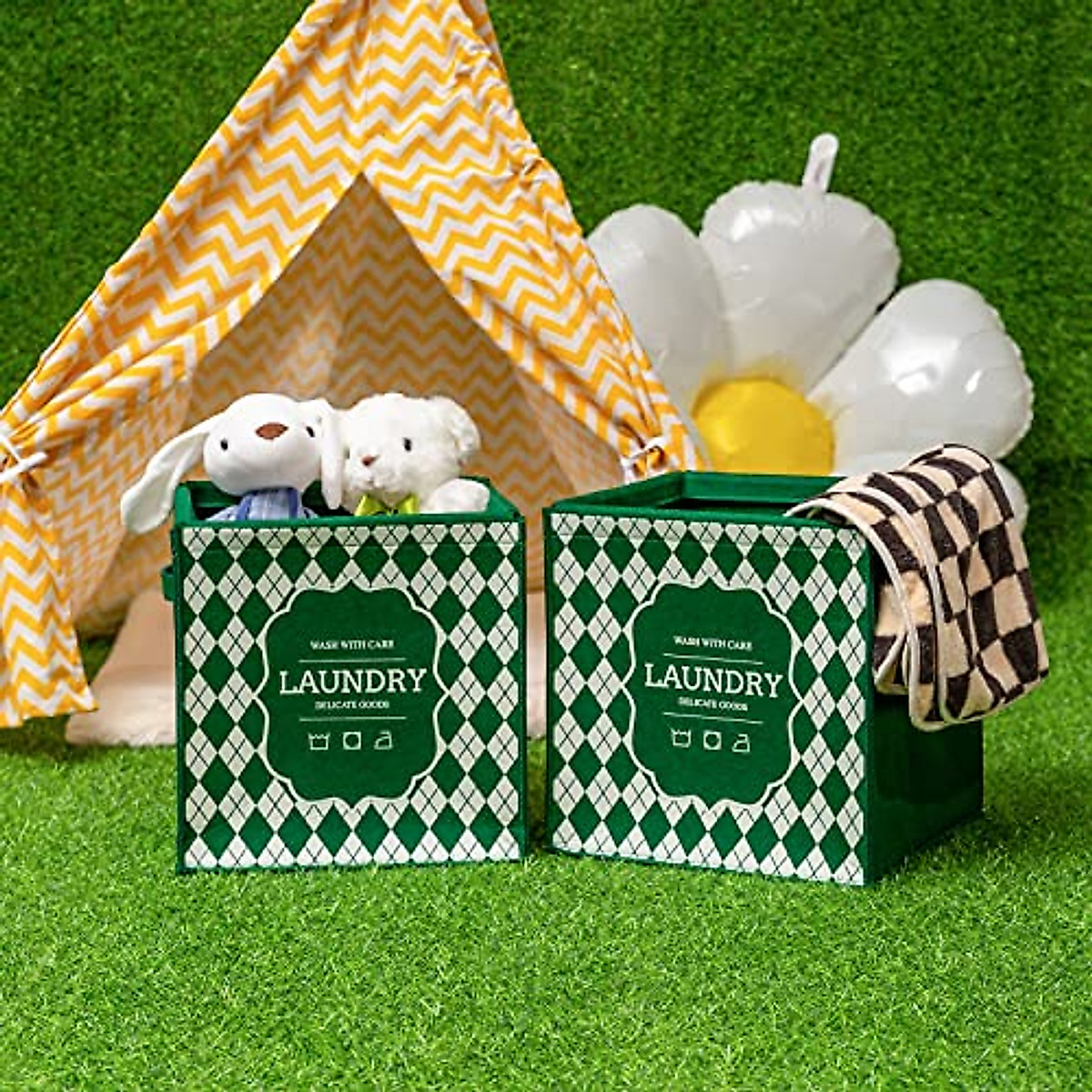 LUFOFOX Felt Fabric Bins,Set of 3,Collapsible Storage Bins with Handles,Foldable Storage Cubes for Shelves,Small Clothes Basket ,11.8"×11.8"×12.2" (Green)