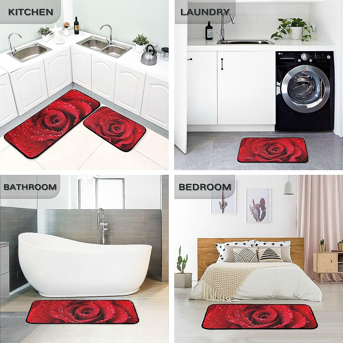 Kigai [2 PCS Red Roses Anti Fatigue Mats for Kitchen Floor Non-Slip Waterpoof Kitchen Rugs Soft and Cushioned Kitchen Mats for Standing, Floor, Office, Laundry, Sink