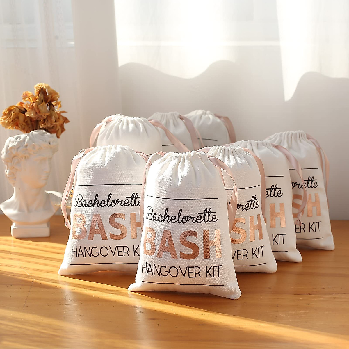 Cytdkve Rose Gold Foiled Bachelorette Hangover Kit Drawstring Bags, Wedding Party Favor Bags for Bridesmaid Gifts (10 Pieces, White, 5 x 7 Inch)