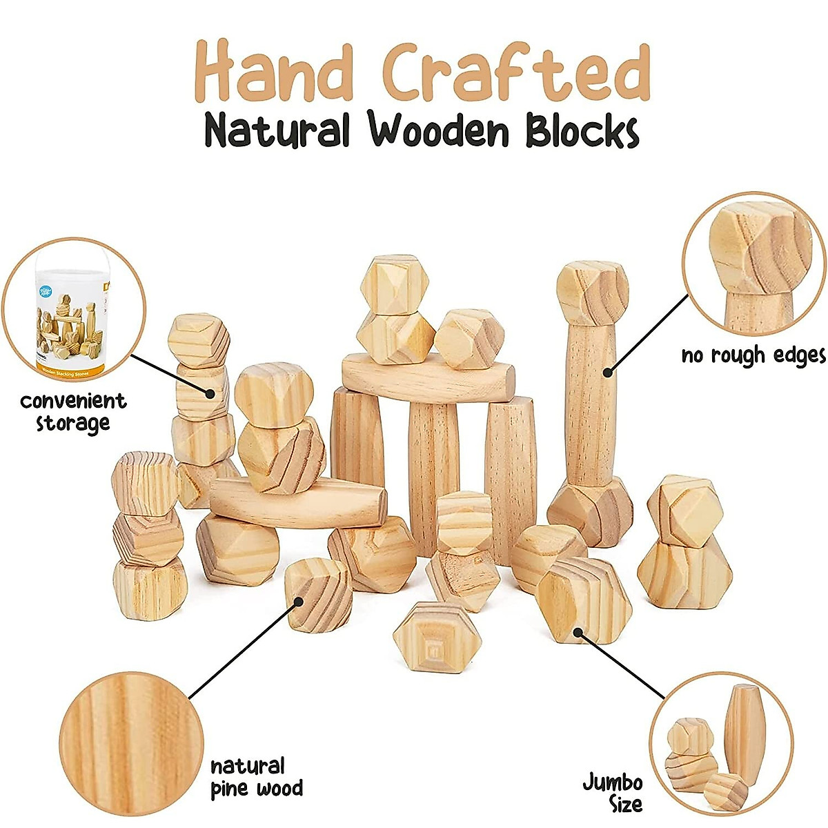 Pidoko Kids JUMBO Building Blocks for Toddlers 1-3 | Natural Wood 30 Pcs Large | Montessori Toys Wooden Block - Sensory Preschool Girls Boys Balancing Stones & Stacking Rocks - W/Storage Container