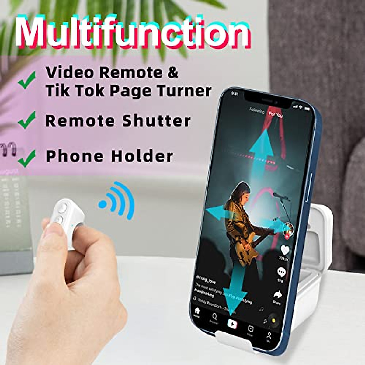 Upgrade TIK Tok Bluetooth Remote Control Page Turner, TUZTUALA 3 in 1 Function Video Scrolling Ring and Camera Shutter Remote and Phone Holder, Compatible with iPhone iPad Android Cell Phone-White