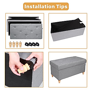 GLAXYFUR Storage Ottoman with Wooden Legs, Folding Storage Bench for Living Room, 30" Linen Fabric Ottoman Foot Rest Stool (Linen, Light Grey)