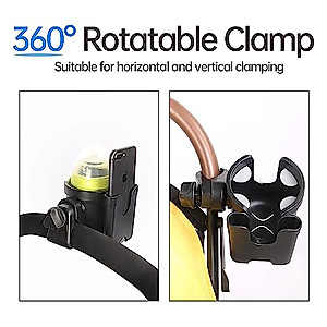 YUSOUWEY Stroller Cup Holder (2 in 1, with Phone Holder), Stability and Convenience Make Your Life Easier, Anti-Slip Clip, 360° Rotating, Suitable for Baby Strollers, Walkers, Shopping Carts