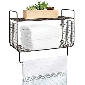 mDesign Steel Wall Mount Towel Rack Storage Organizer Shelf Holder with Towel Bar - for Bathroom, Laundry Room, Kitchen, Garage - Holds Hand Towels, Washcloth - Concerto Collection - Bronze