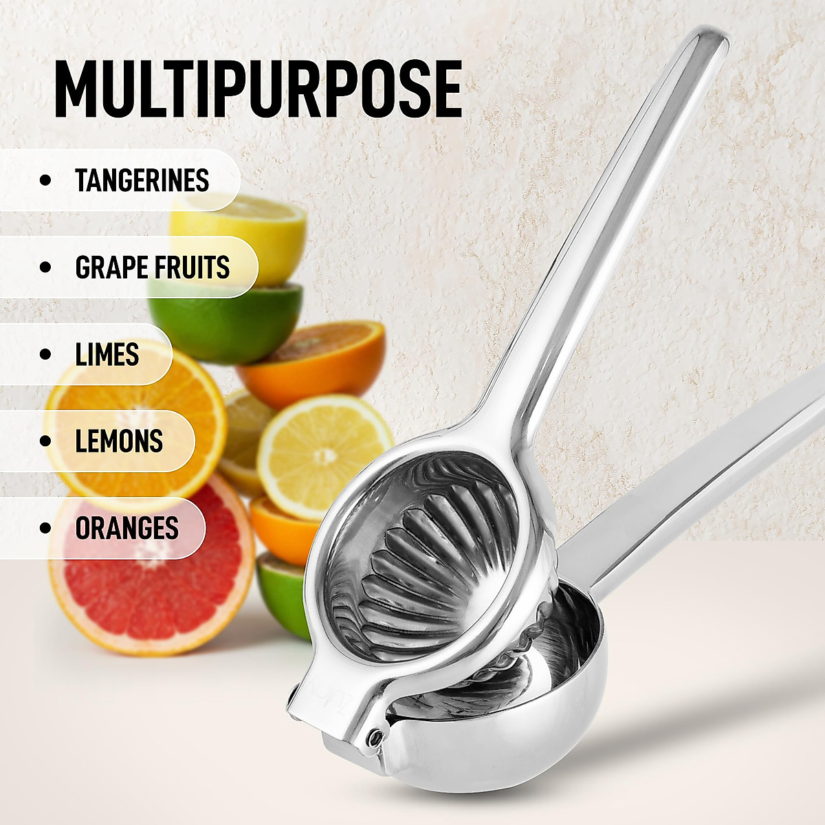 Zulay Lemon Squeezer Stainless Steel with Premium Heavy Duty Solid Metal Squeezer Bowl and Food Grade Silicone Handles - Large Manual Citrus Press Juicer and Lime Squeezer Stainless Steel