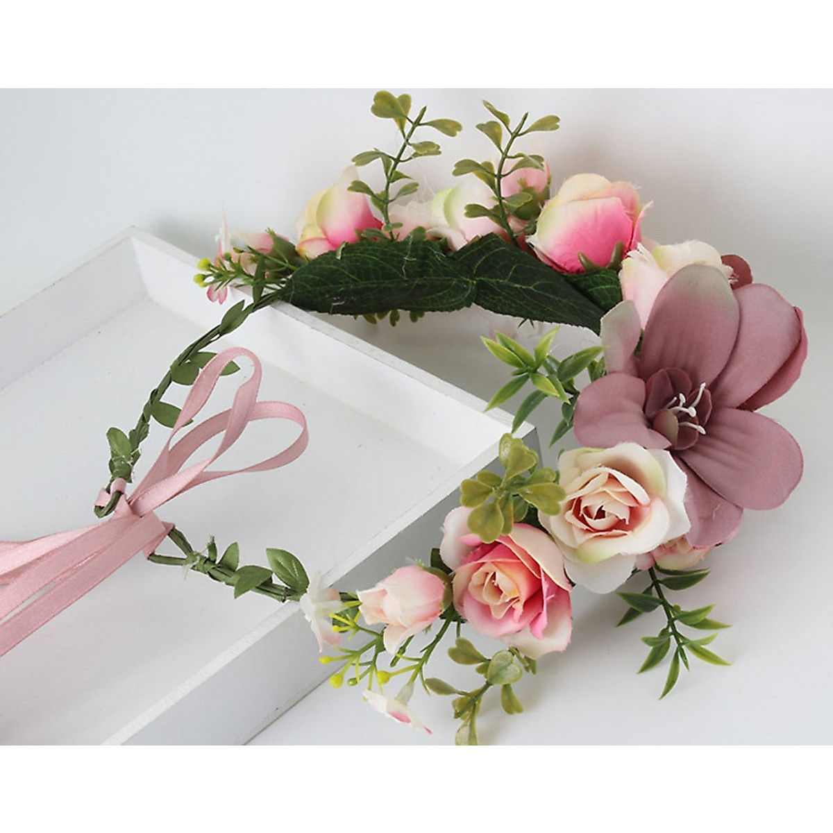 Vivivalue Women Flower Crown Bridal Flower Headband Hair Wreath Floral Headpiece Halo Boho with Ribbon Wedding Party Festival Photos Pink