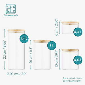 Navaris Glass Food Storage Canisters (Set of 4) - Containers with Bamboo Lids for Dry Goods - Airtight Kitchen Jars - 47 oz / 34 oz / 20 oz / 10 oz