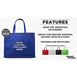 DISCOUNT PROMOS Custom Jumbo Sized Tote Bags Set of 100, Bulk Pack - Personalized Reusable Grocery Bags, Shopping Bags, Reusable Eco-Friendly Bags, Customized Promotional Item Totes for Women, Blue