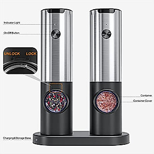 Electric Salt and Pepper Grinder Set with Rechargeable Base, Stainless Steel Salt and Pepper Grinders/Mill with Adjustable Coarseness, Refillable Salt and Pepper Shakers with LED Light, a Pair